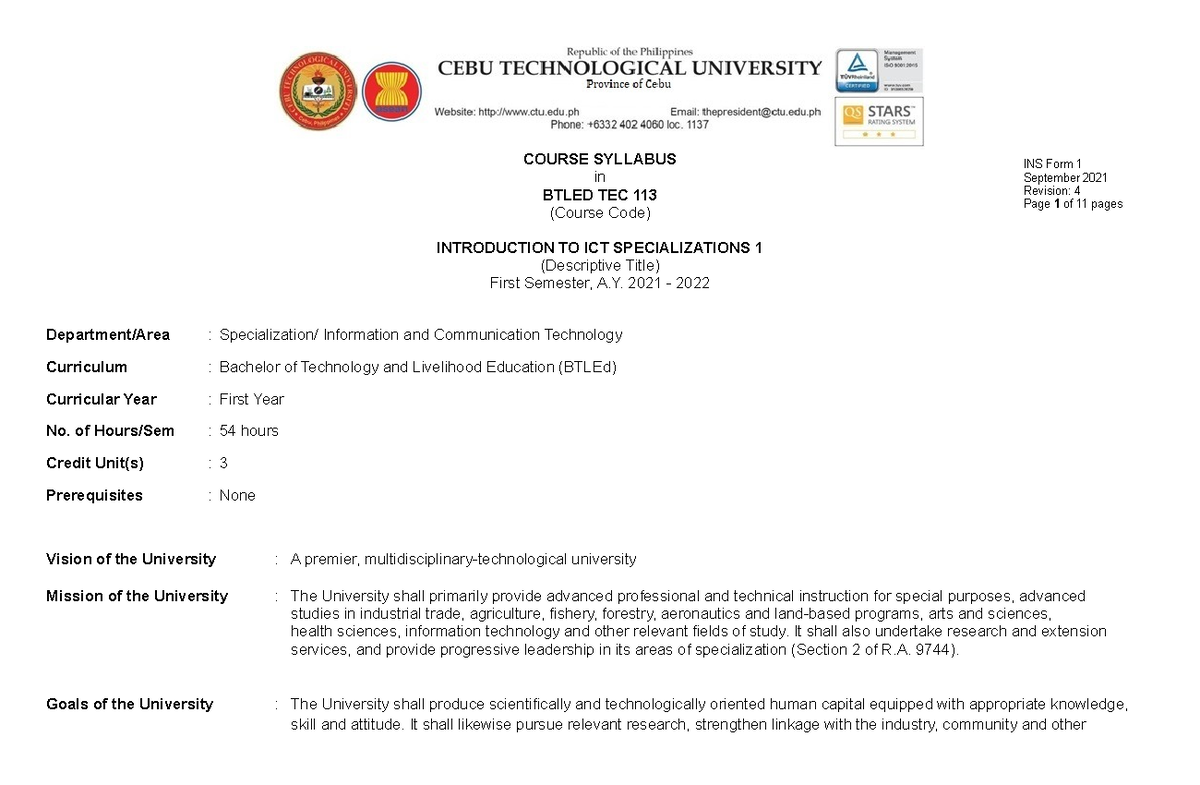 Introduction to ICT Specializations 1 - BTLED TEC 113 Course Guide ...