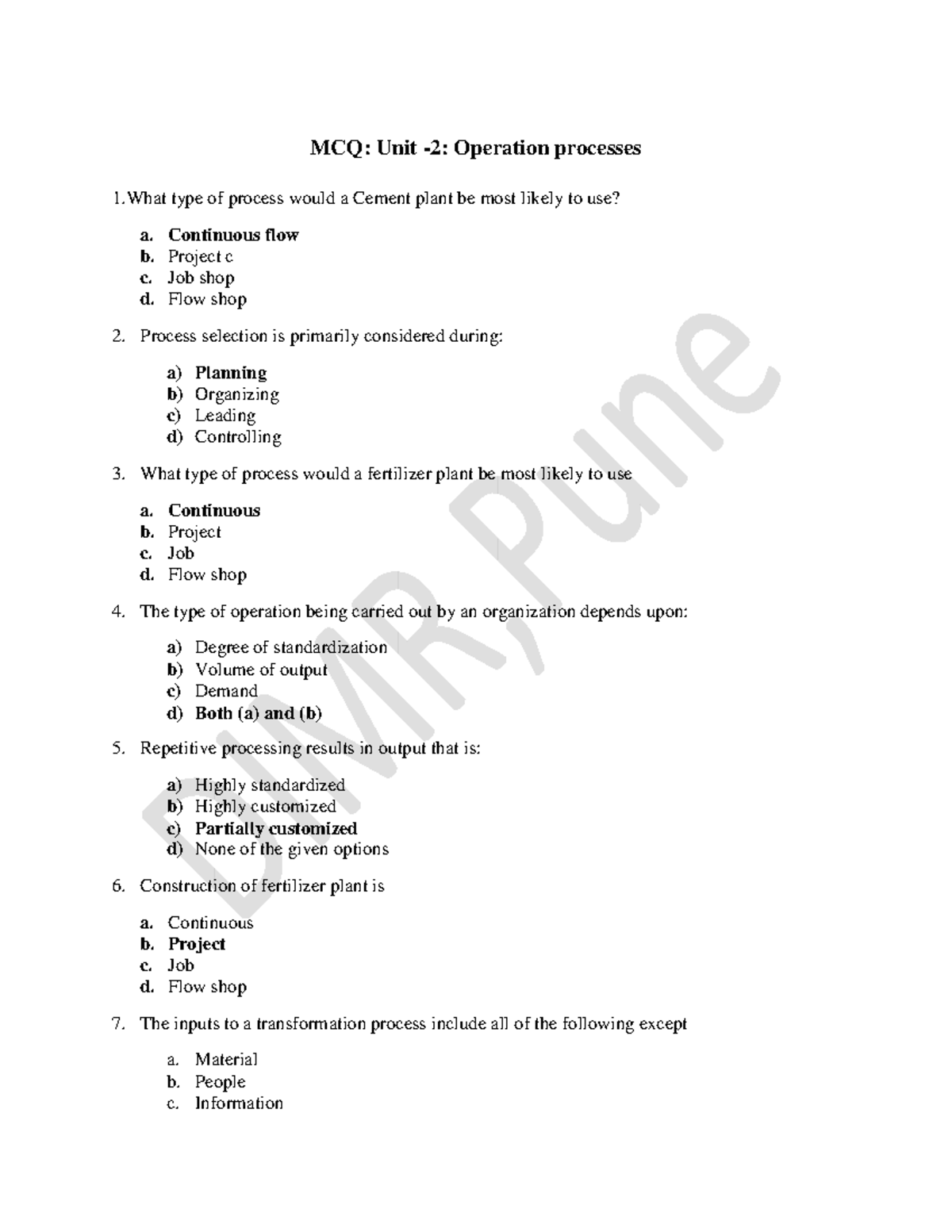 MCQ OSCM Unit 2 - vffvfv - MCQ: Unit -2: Operation processes 1 type of ...