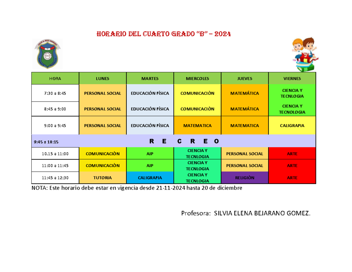 Horario Cuarto Grado "B" - Diciembre 2024 (Profesor Bejarano) - Studocu