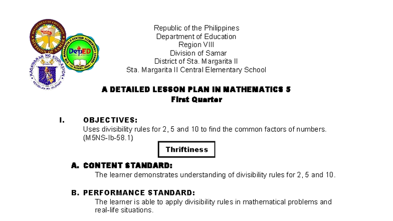 COTQ1 - Detailed Lesson Plan for Mathematics 5: Divisibility Rules ...