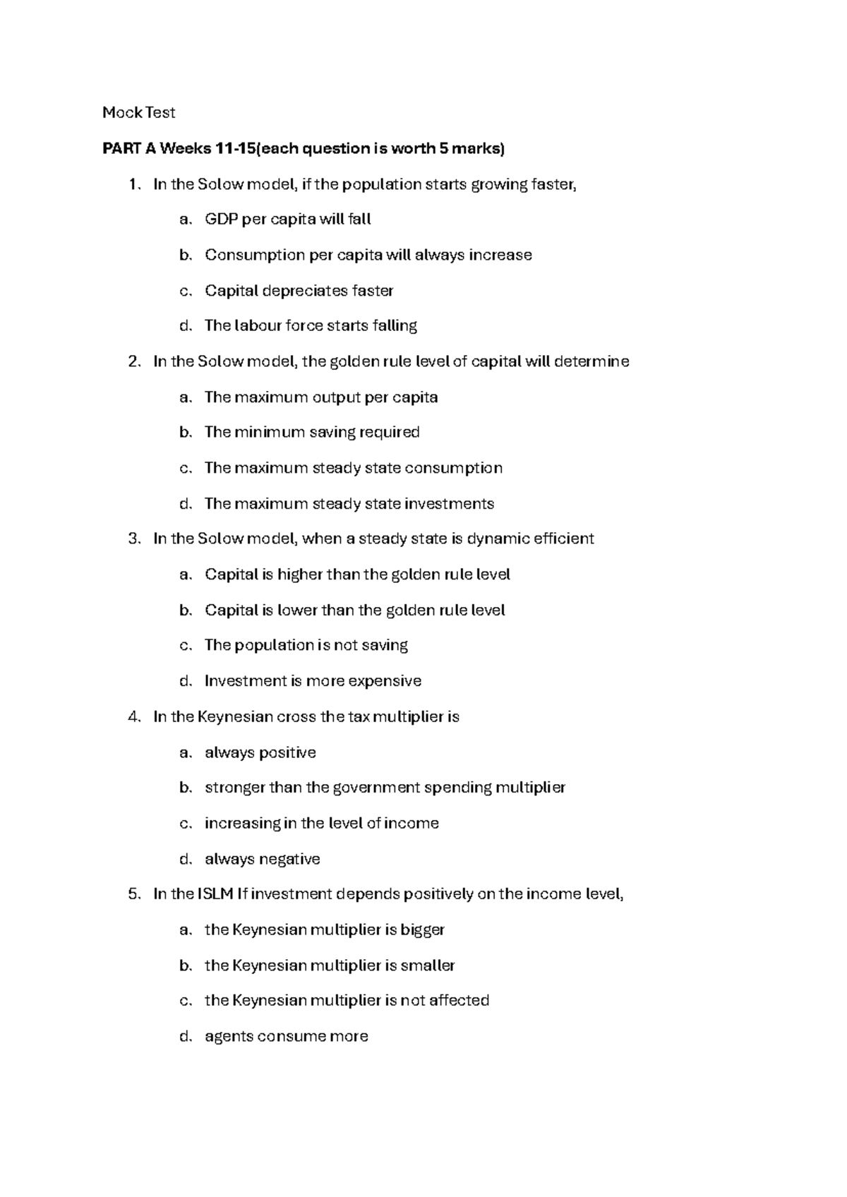 Mock Test - Economics Concepts and Theories (PART A) - Studocu