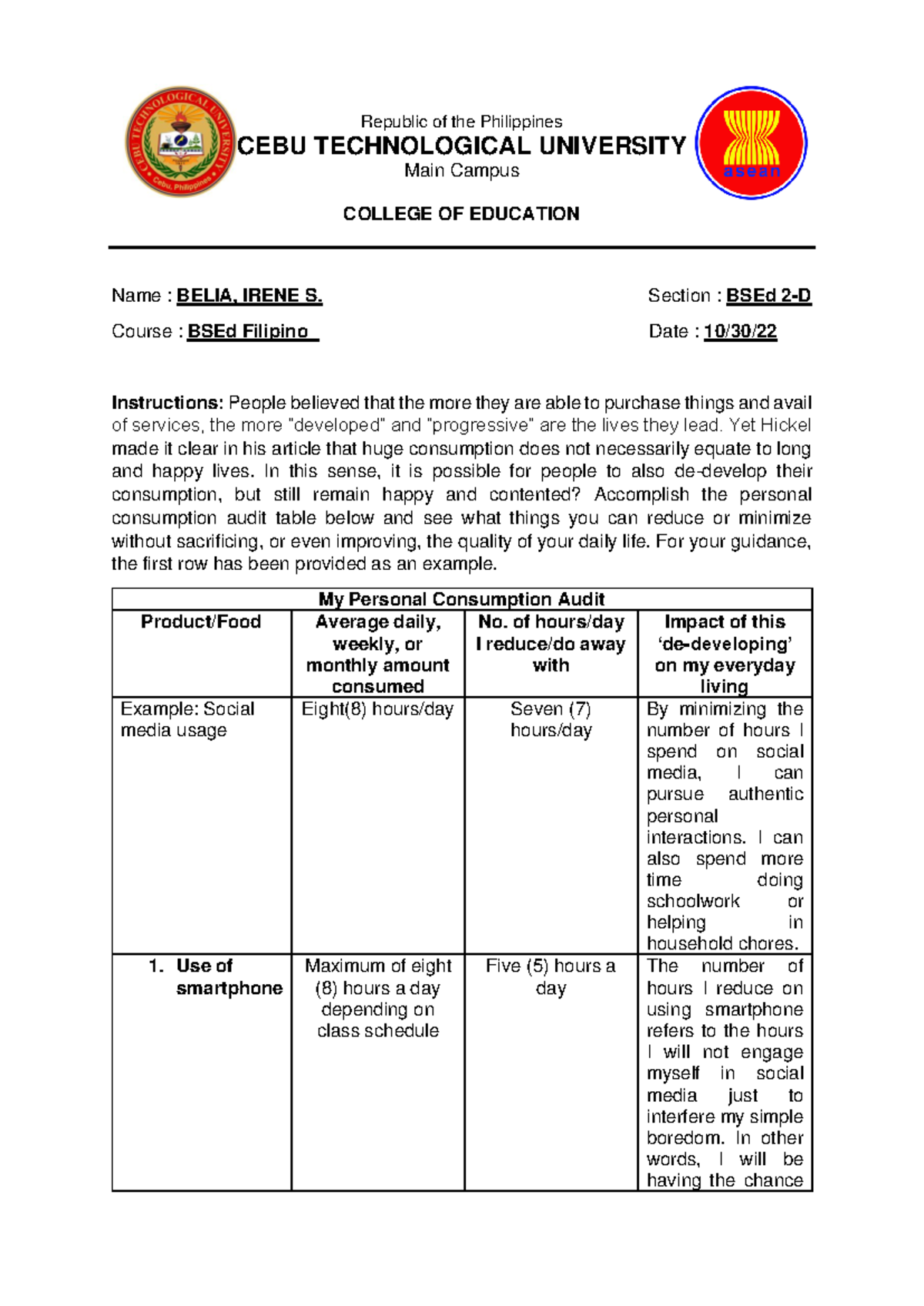 Belia Personal Consumption Audit GEC-STS - Republic of the Philippines ...