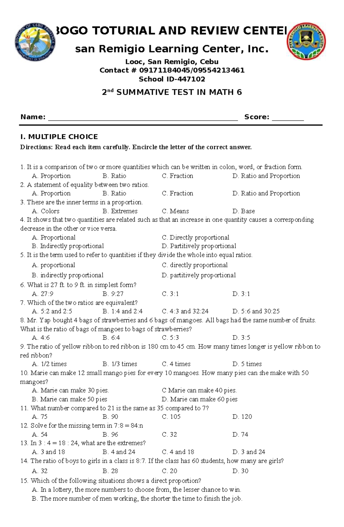 2nd Summative Test in Math 6: Ratio and Proportion Review - Studocu