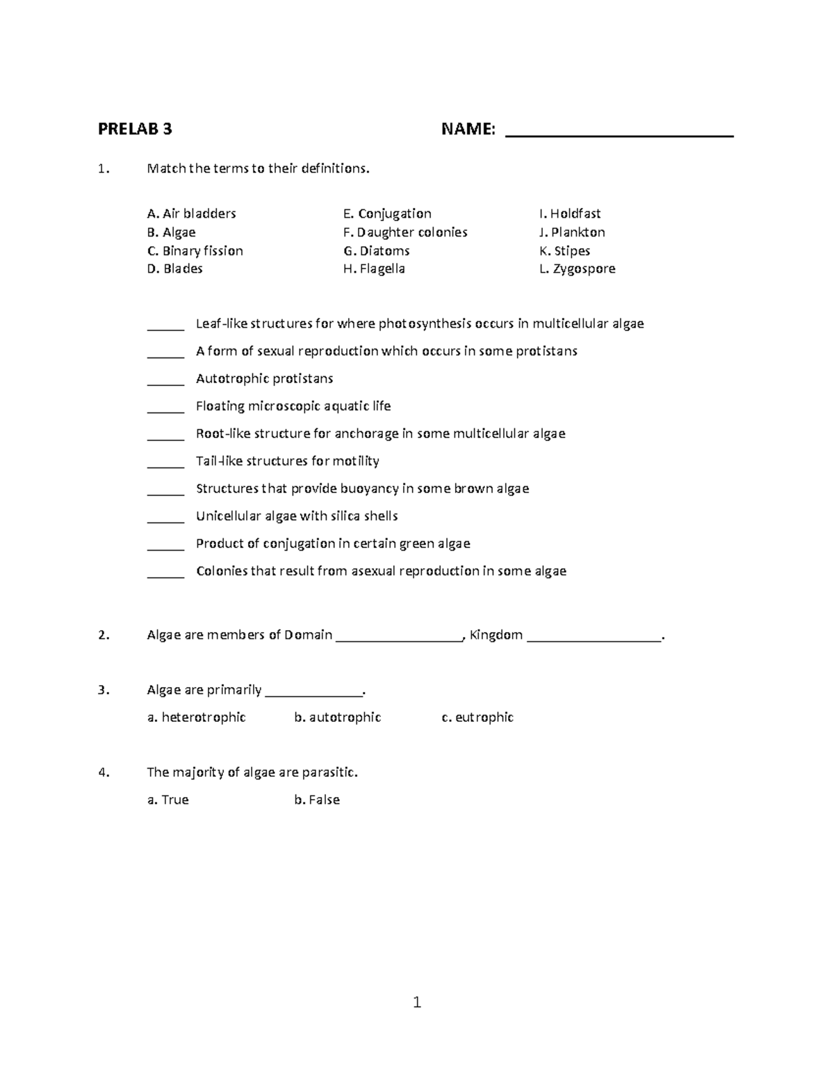 Lab 3: Exploring Kingdom Protista - Characteristics and Specimens of Algae - PRELAB 3 NAME ...