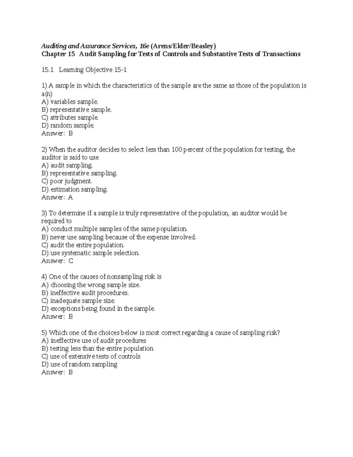 15 - n000 - Auditing and Assurance Services, 16e (Arens/Elder/Beasley) Chapter 15 Audit Sampling ...