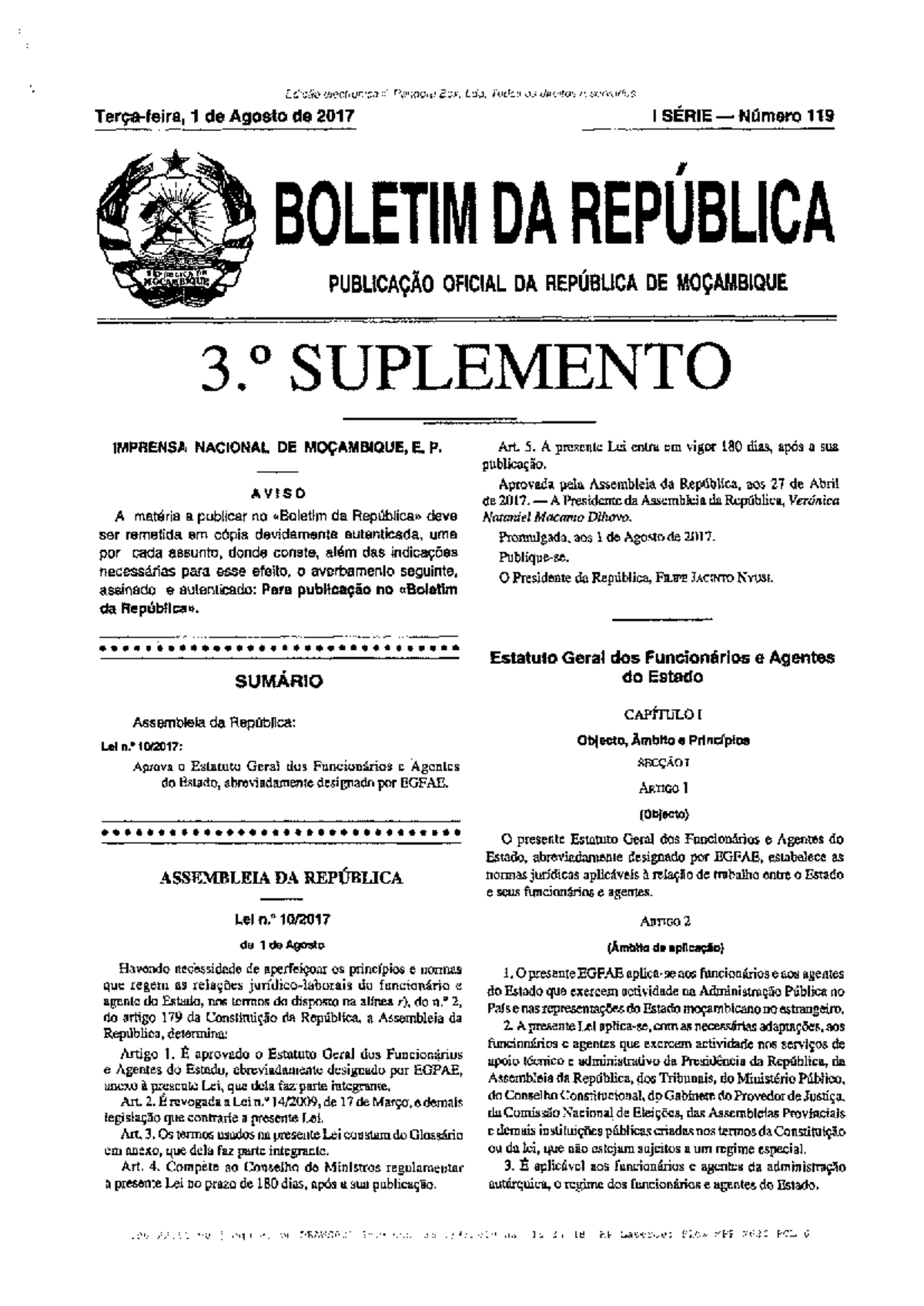 Estatuto Geral dos Funcionários e Agentes do Estado - Lei 10-2017 - Studocu