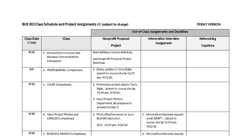 BUS 003 Class Schedule & Project Assignments - Friday Version - Studocu