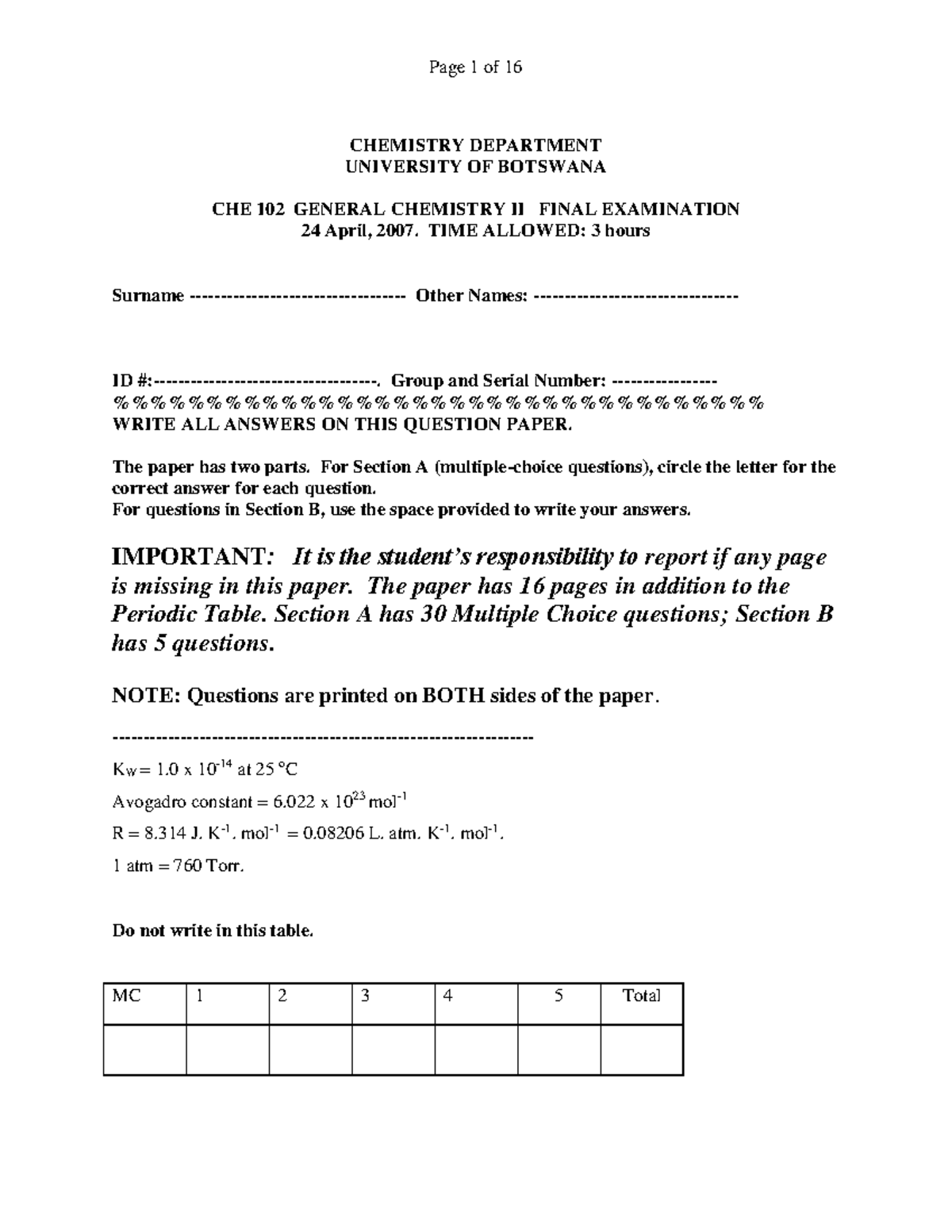 CHE 102 GENERAL CHEMISTRY II FINAL EXAM 2007 - Studocu