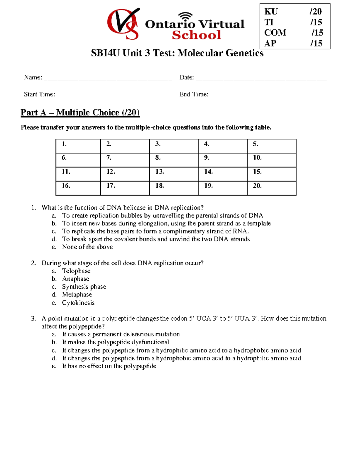 KU SBI4U Unit 3 Test: Molecular Genetics Questions & Answers - Studocu