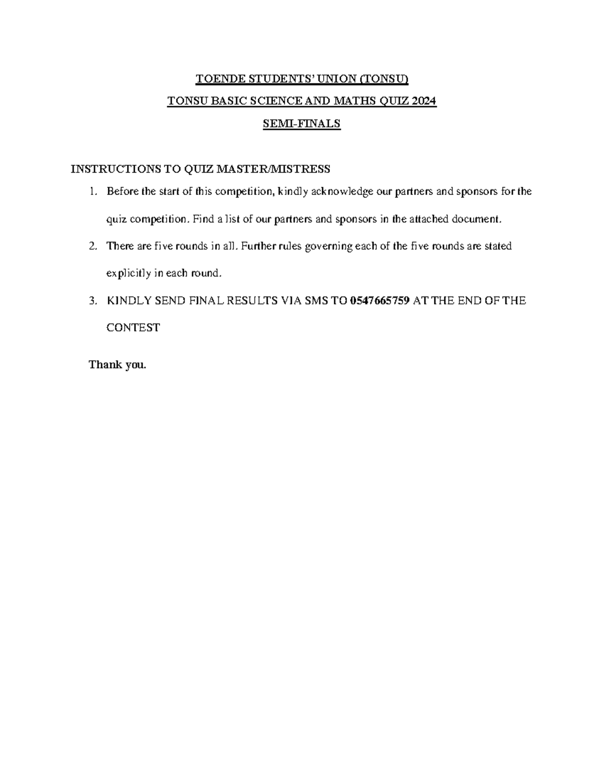 TONSU BASIC SCIENCE & MATHS QUIZ 2024 INSTRUCTIONS & DETAILS - Studocu