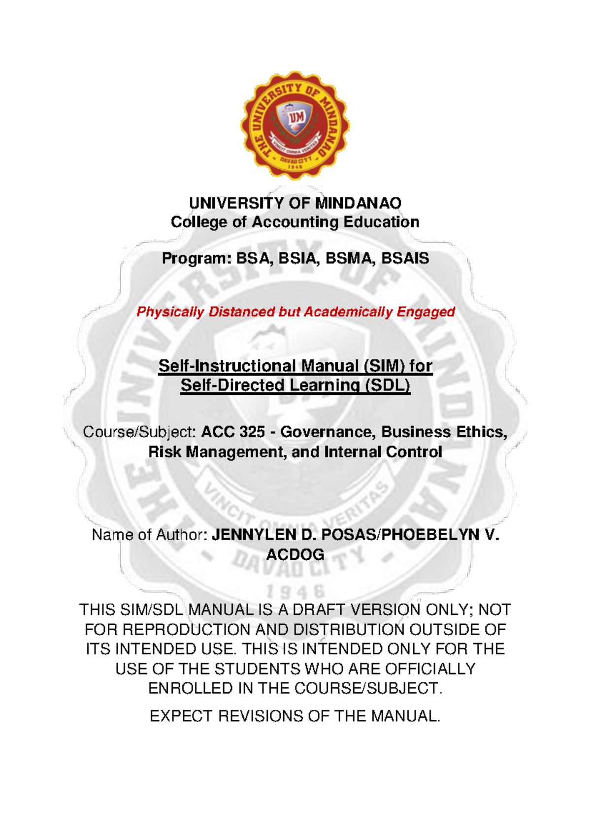 Approved CAE BSA ACC 325 Posas Acdog 1 - UNIVERSITY OF MINDANAO College ...