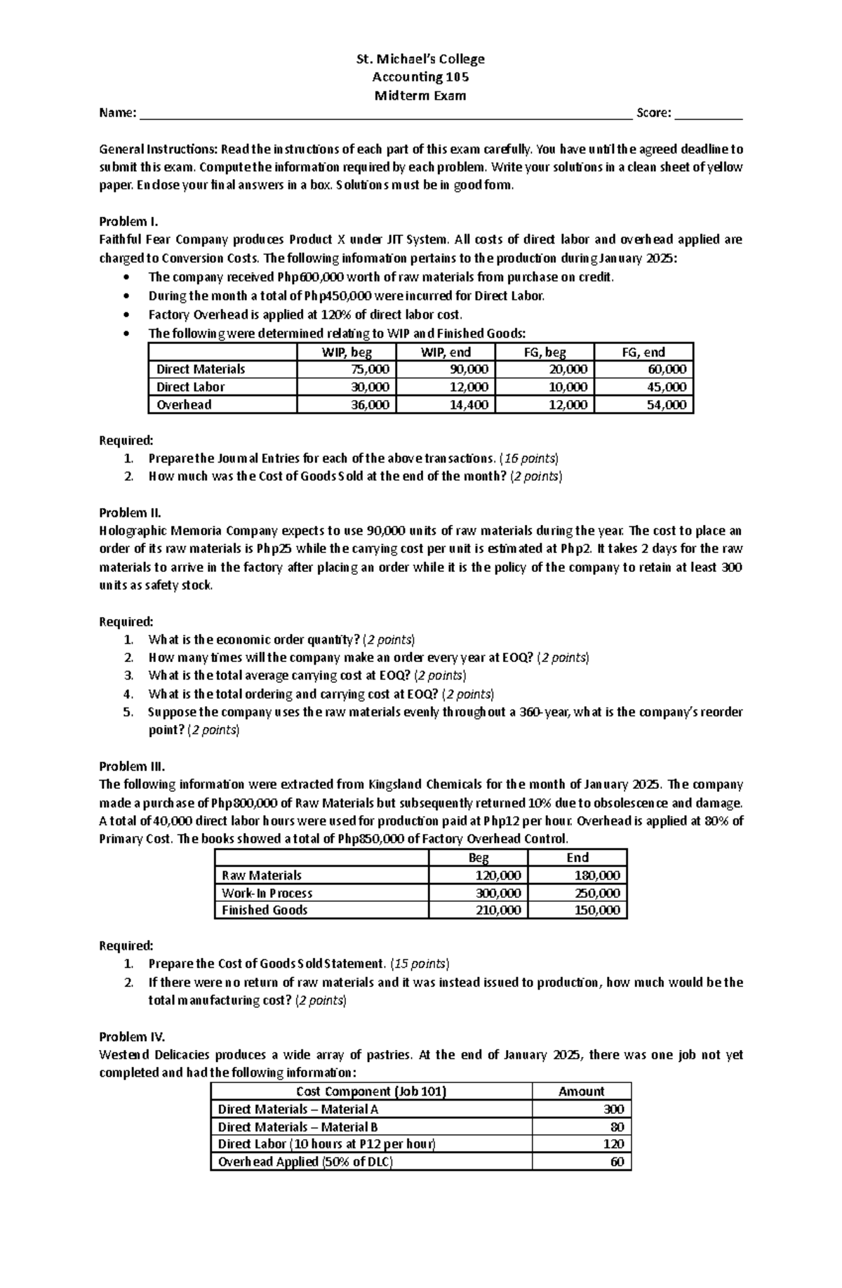 Financial Management Midterm-Exam - St. Michael’s College Accounting ...