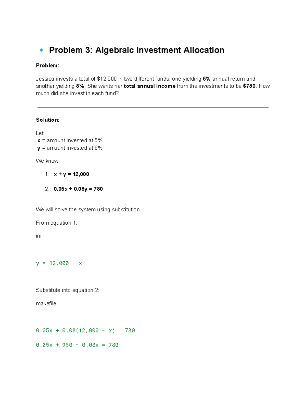 Algebra 3: Investment allocation problem between two funds - Studocu