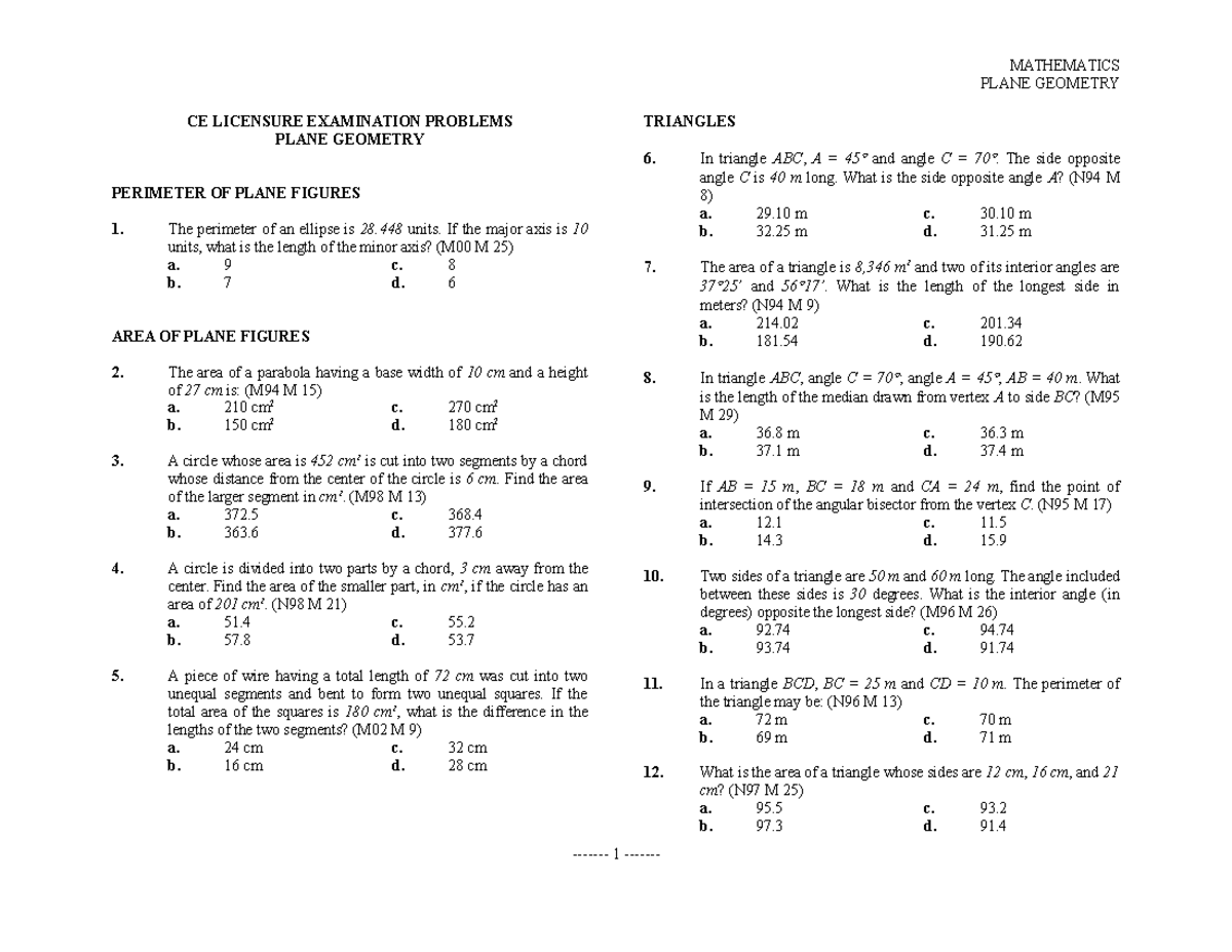 Plane Geometry CE Licensure Exam Problems: Practice Questions and ...