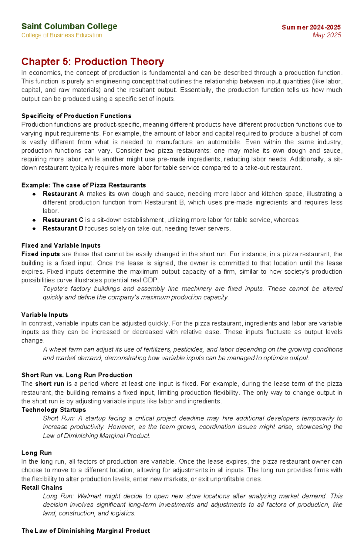 Lesson 5: Production Theory in Managerial Economics (CBE 2025) - Studocu