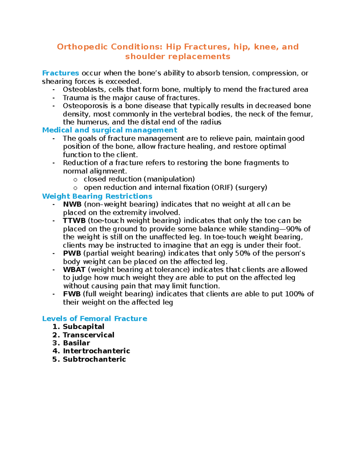 Orthopedic Conditions-Notes - Orthopedic Conditions: Hip Fractures, hip ...