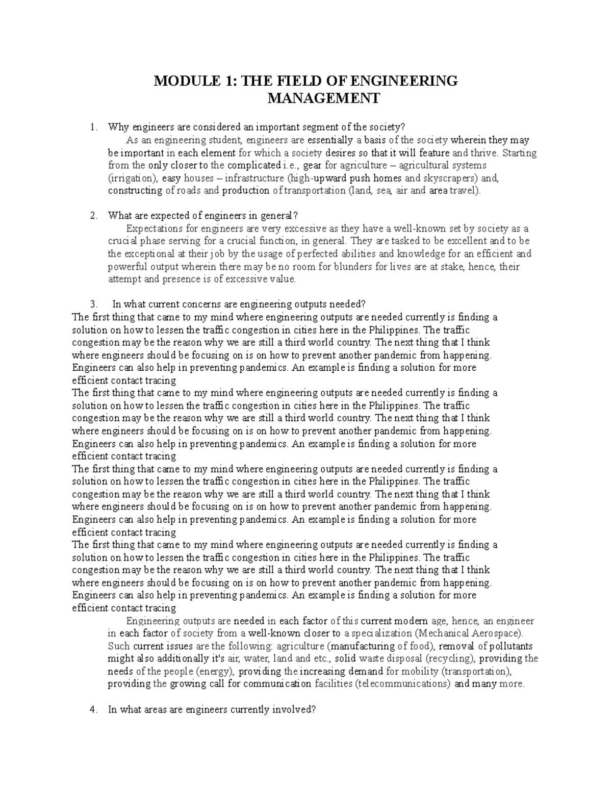 Engineering Management Prelim Worksheet: Answer Key and Insights - Studocu
