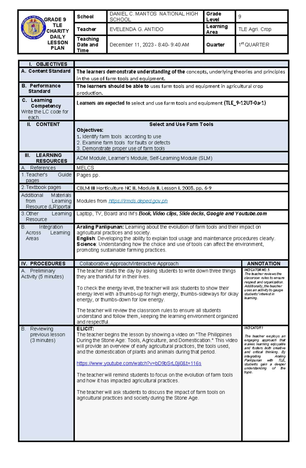 GRADE 9 TLE 1ST QUARTER DAILY LESSON PLAN ON FARM TOOLS - Studocu