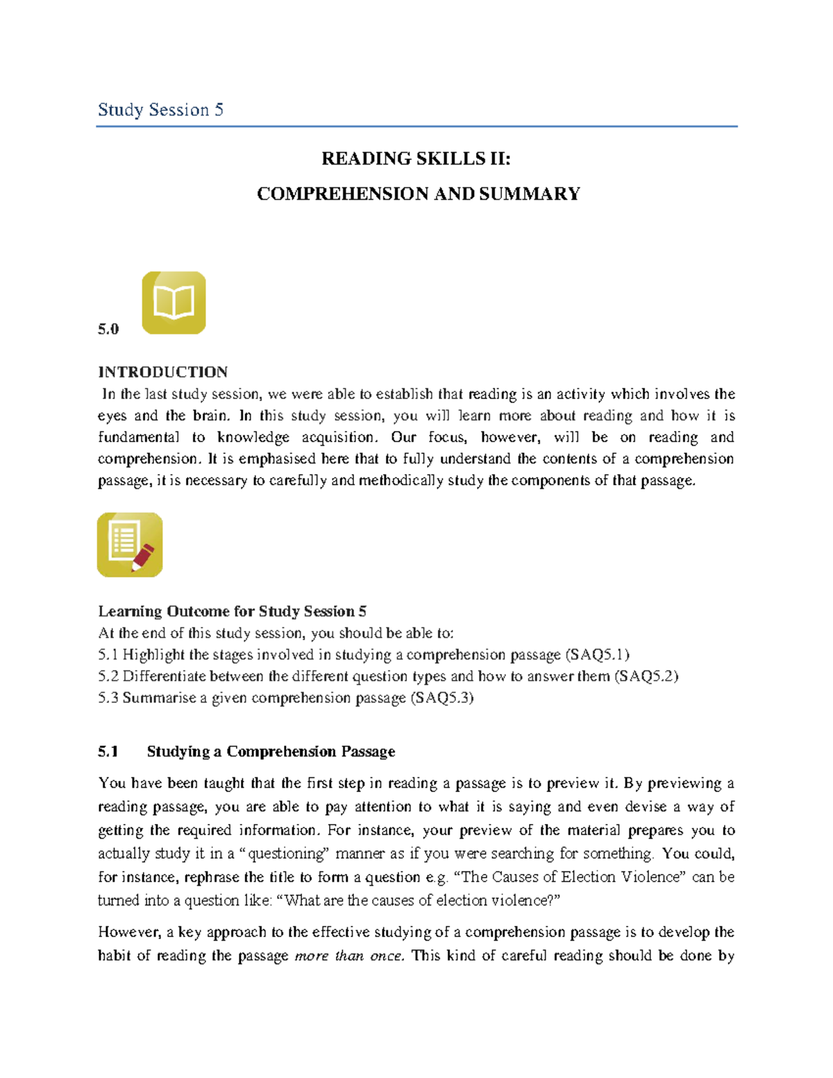 Study Session 5: Reading Skills II - Comprehension & Summary Techniques ...