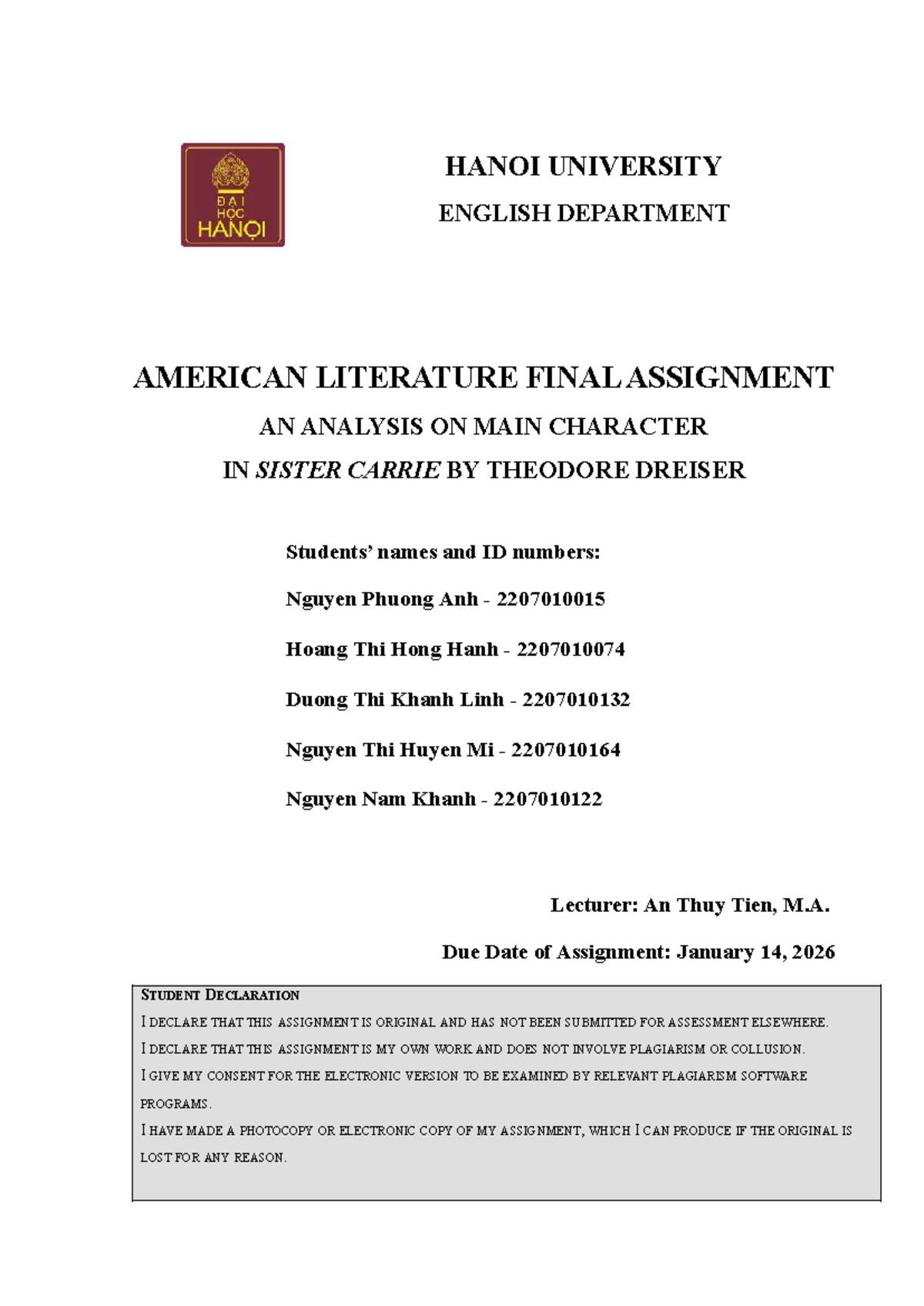 HANOI UNIVERSITY ENGLISH DEPARTMENT AMERICAN LITERATURE FINAL ...