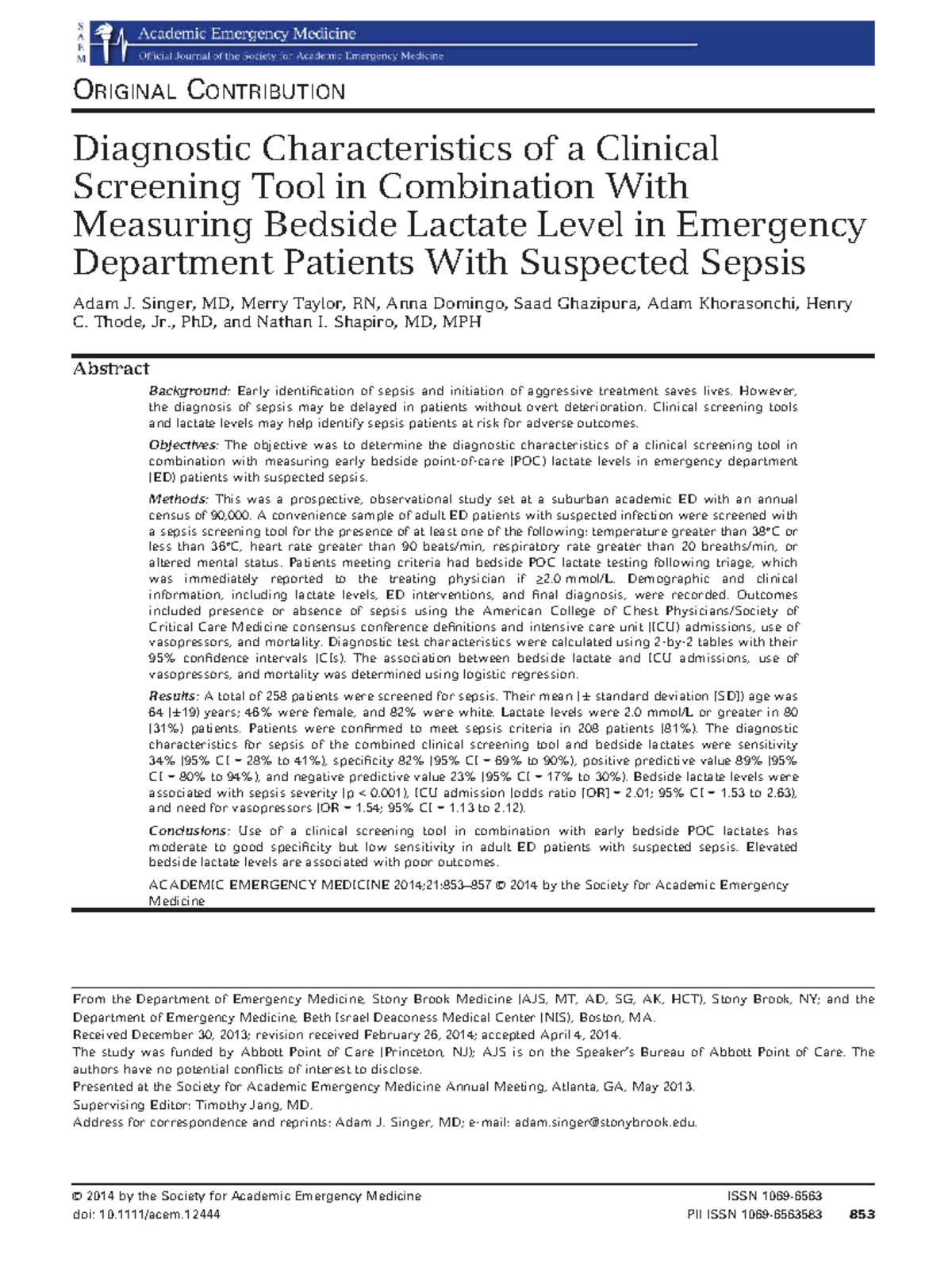Diagnostic Characteristics of a Clinical Screening Tool and Bedside ...