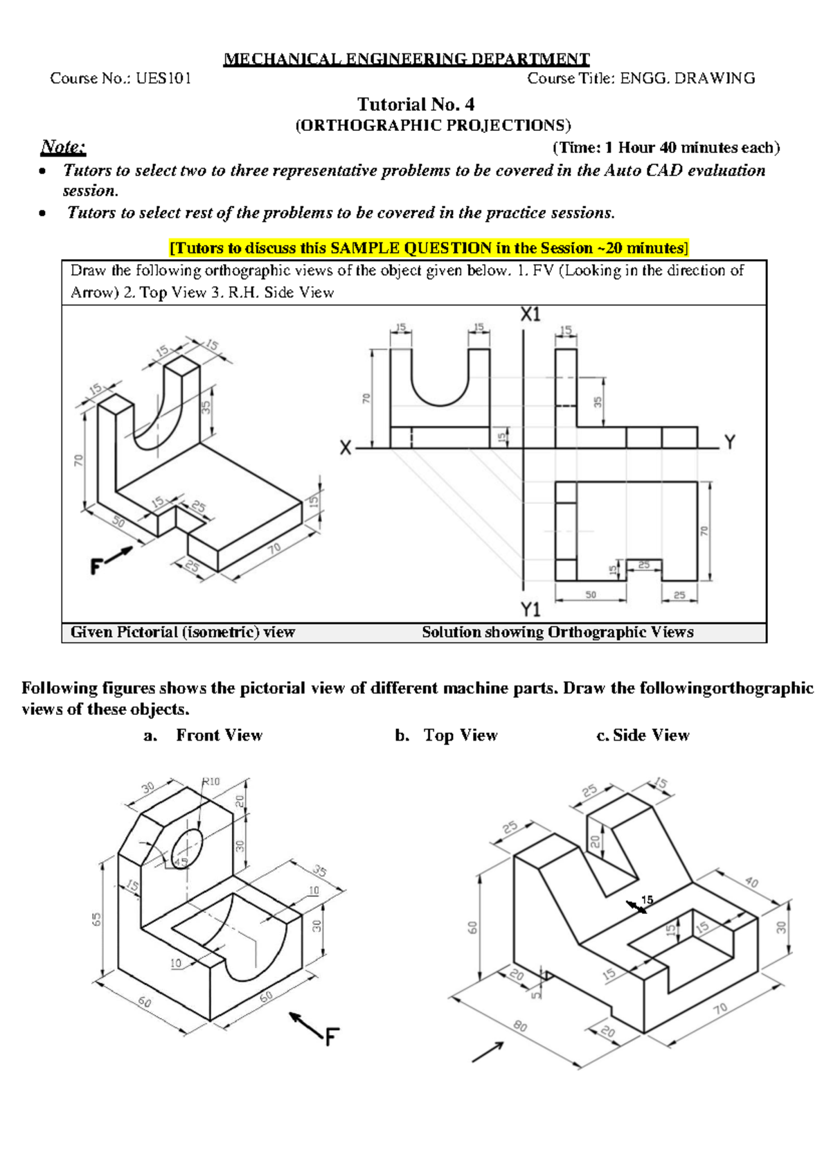 UES101 ENGG. DRAWING Tutorial 4: Orthographic Projections - Studocu