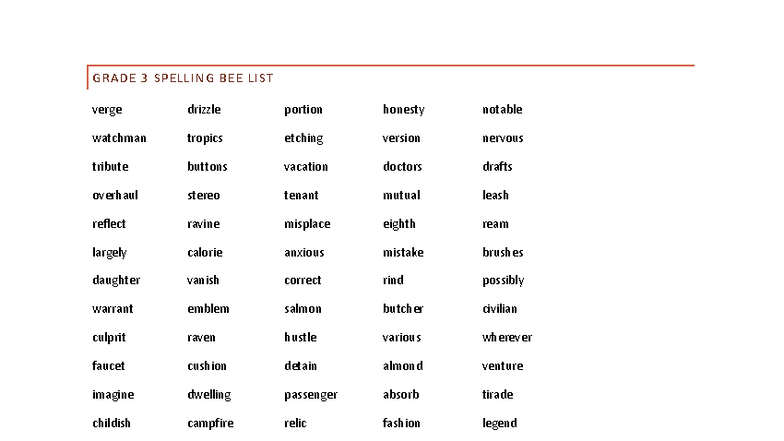 Spelling-Bee-Lists Master-List - GRADE 3 SPELLING BEE LIST verge ...