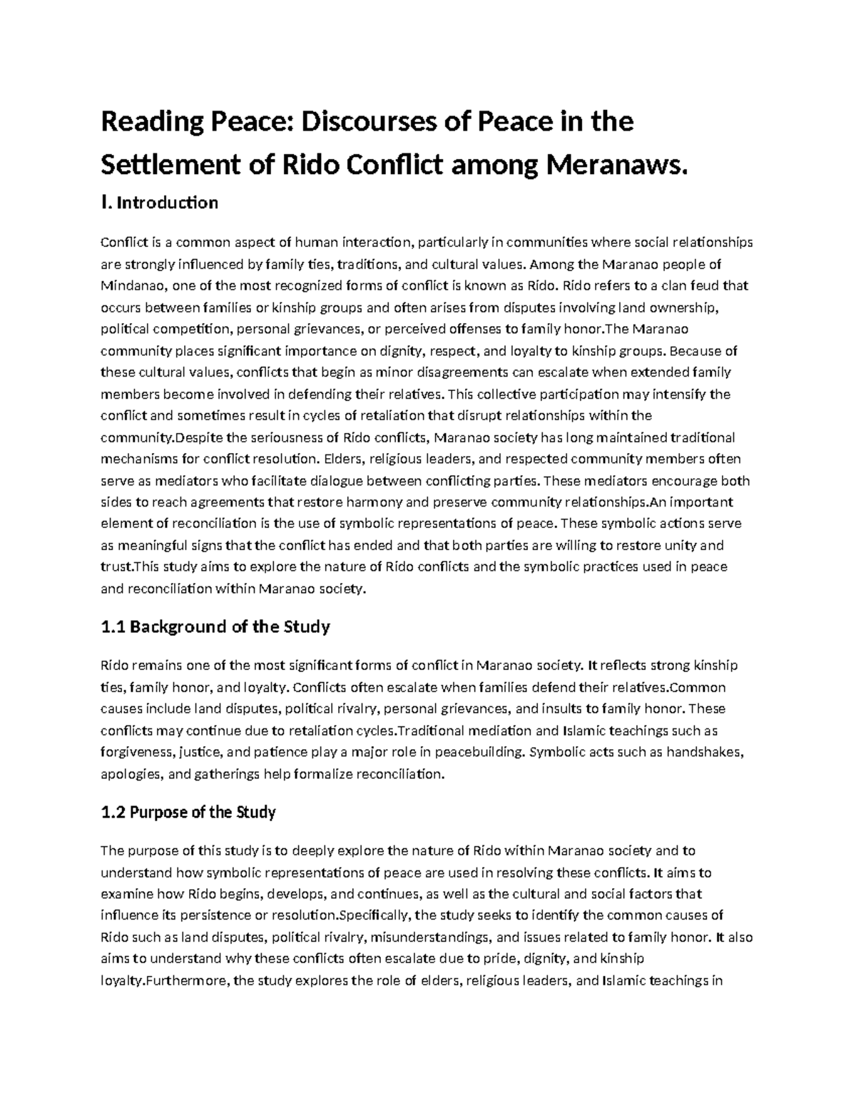 Rido Conflicts and Peace Practices in Maranao Society: A Study - Studocu