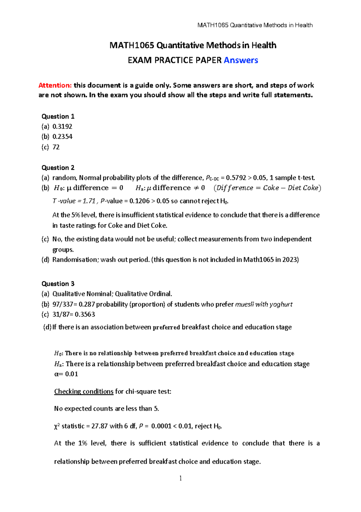 MATH1065 Final Exam Practice Paper Answers - Studocu
