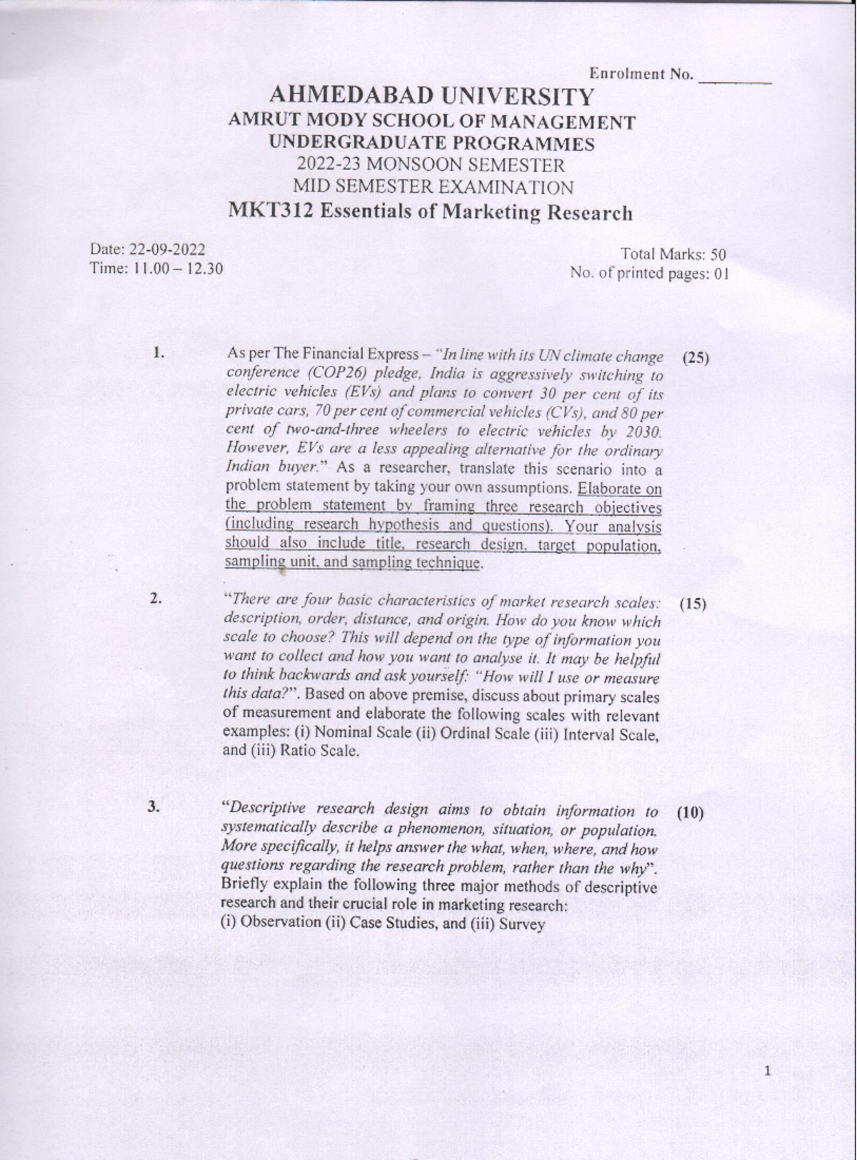 MKT 312 Essentials OF Marketing Research - Enrolment No. AHMEDABAD ...