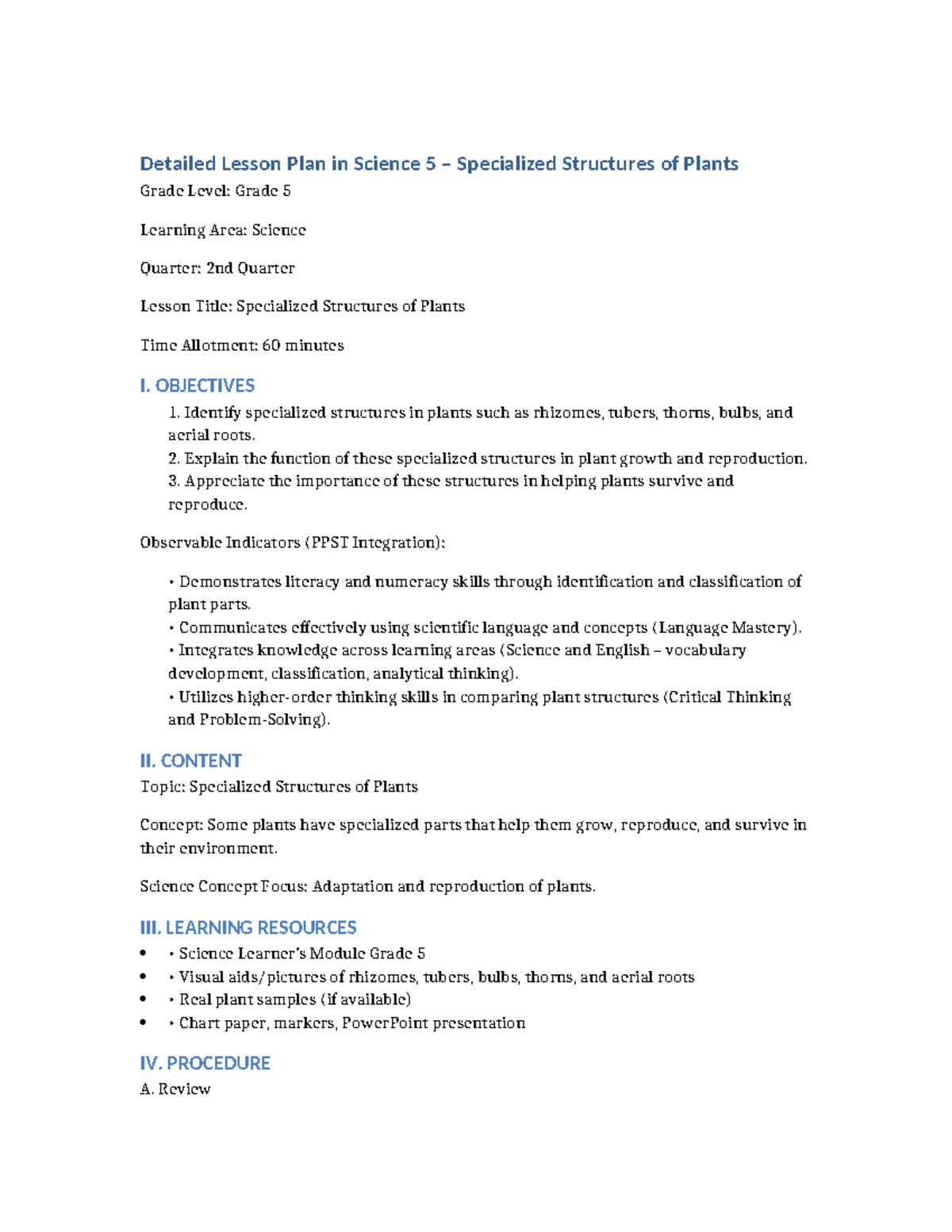 Science 5 Detailed Lesson Plan: Specialized Structures of Plants with ...