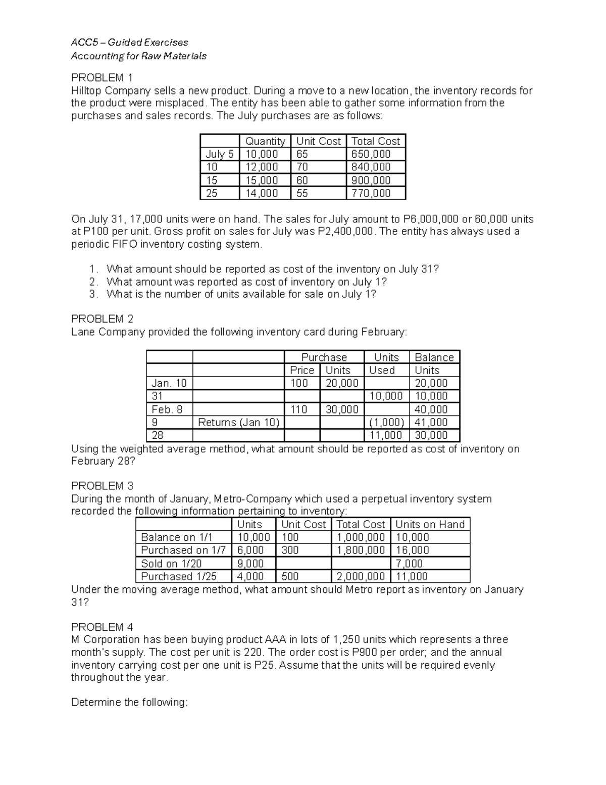 Guided Exercises ACC5: Accounting for Raw Materials & Inventory Costing ...