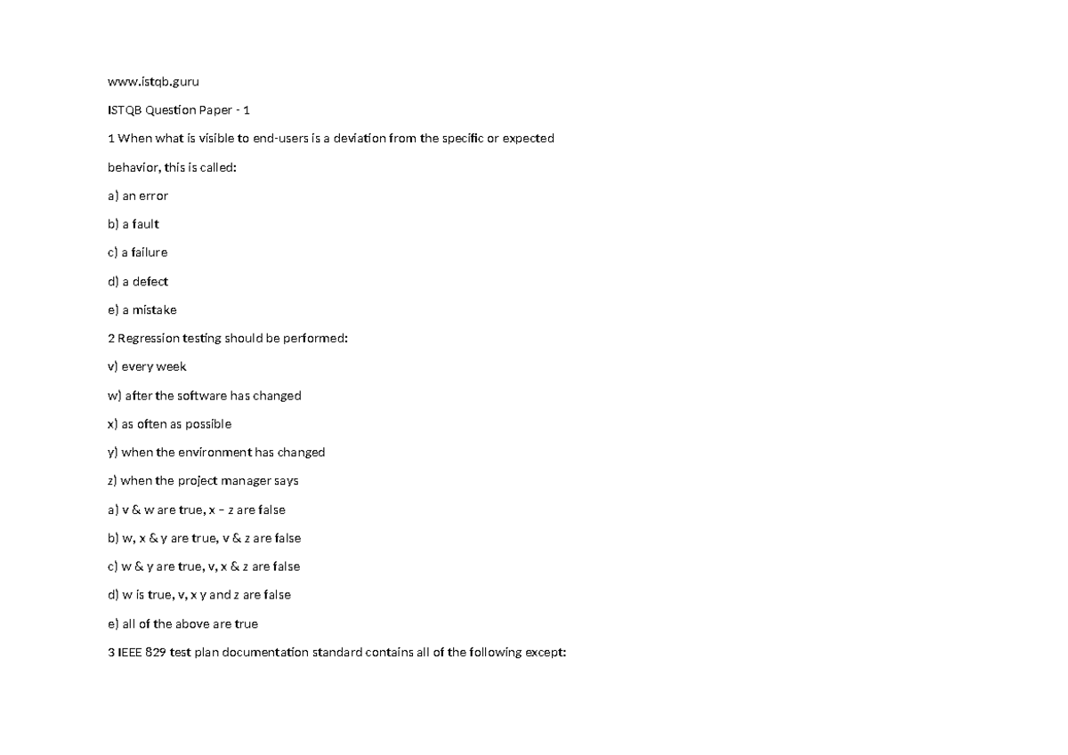 ISTQB Foundation Level - Question Paper 1 Review & Answers - Studocu