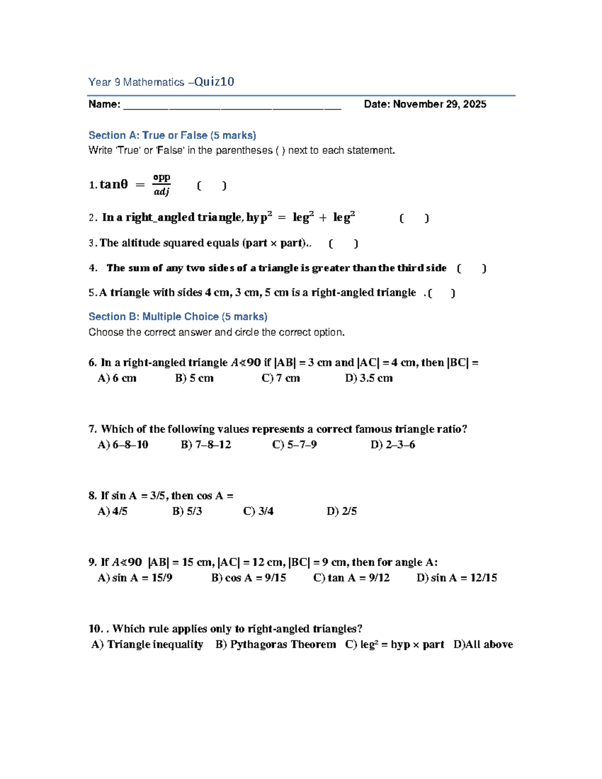 Year 9 Mathematics Quiz 10 - True/False & Multiple Choice - Studocu