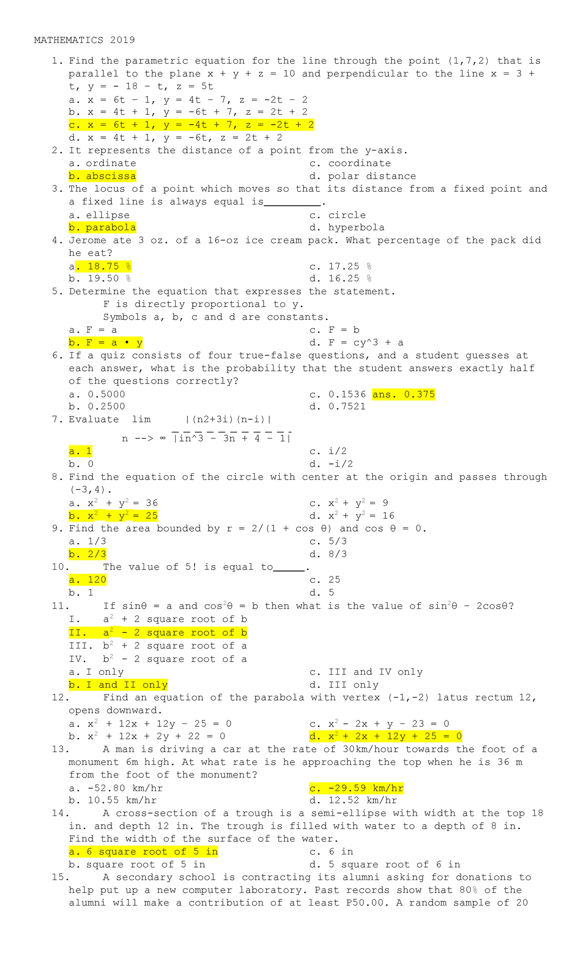 Board MATH September 2019 - MATHEMATICS 2019 Find the parametric ...