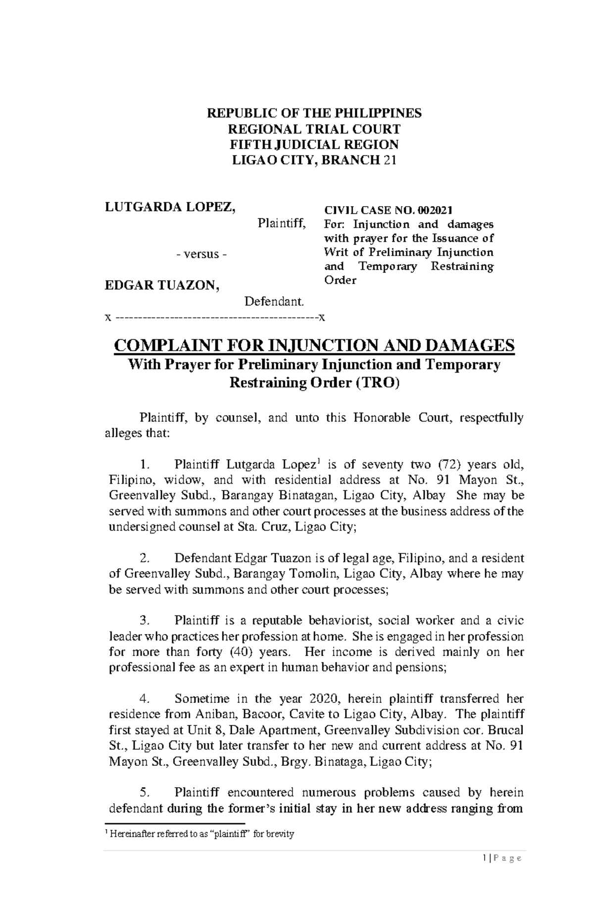 Complaint for Injunction and TRO Against Edgar Tuazon (Civil Case No ...