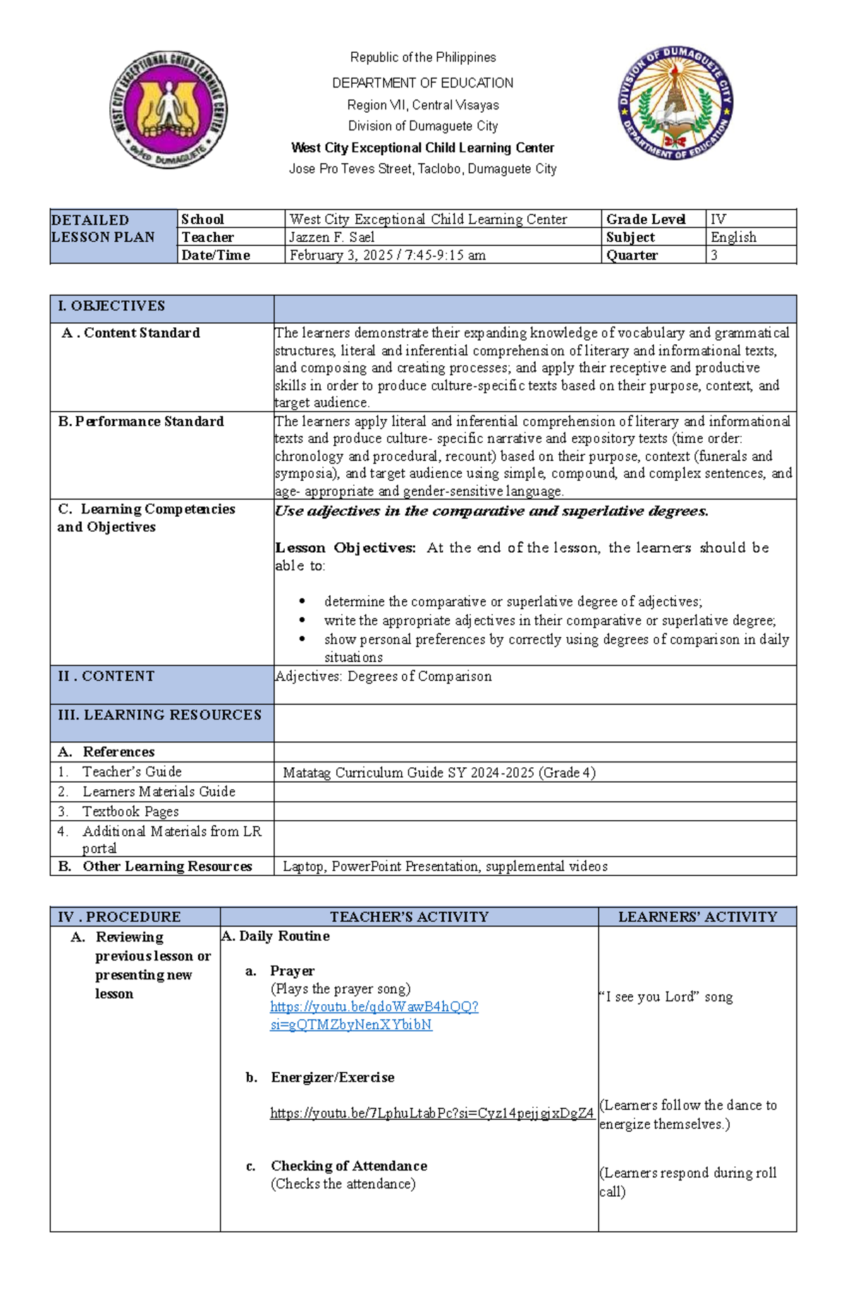 Detailed Lesson Plan for Grade 4 English: Adjectives & Their Degrees ...