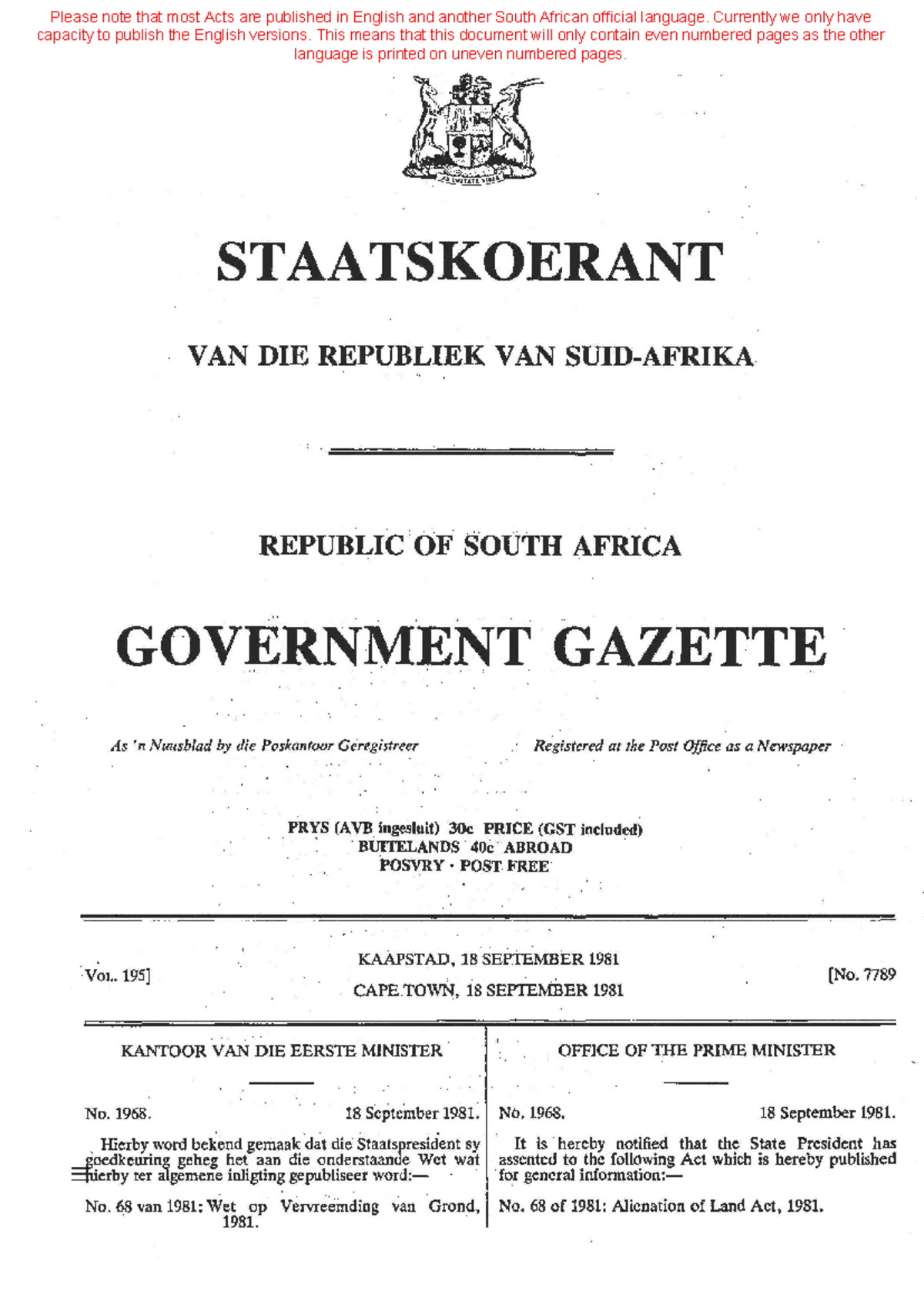 Act-68-1981: Summary of the Alienation of Land Act for Sale & Lease ...