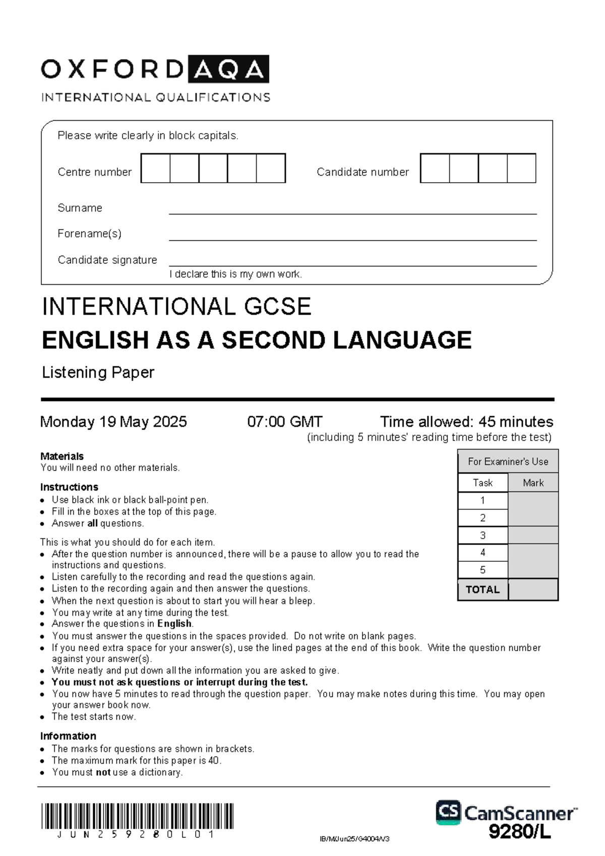 International GCSE English as a Second Language Listening Paper 9280 L ...