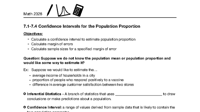 Math 2328 Confidence Intervals for Population Proportion (Ch 7.1-7.4 ...
