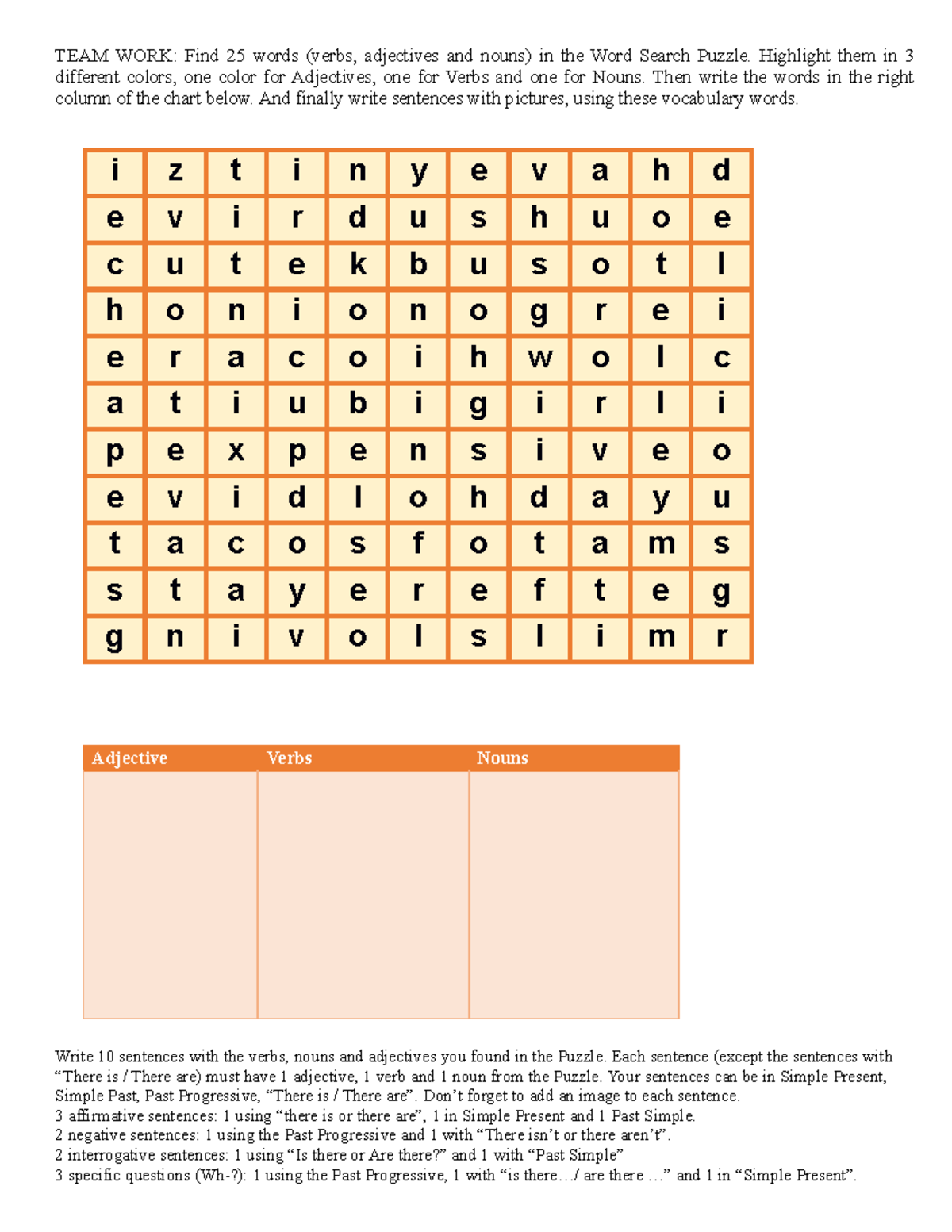 Adjectives, Verbs & Nouns Word Search Puzzle Activity - English 101 ...