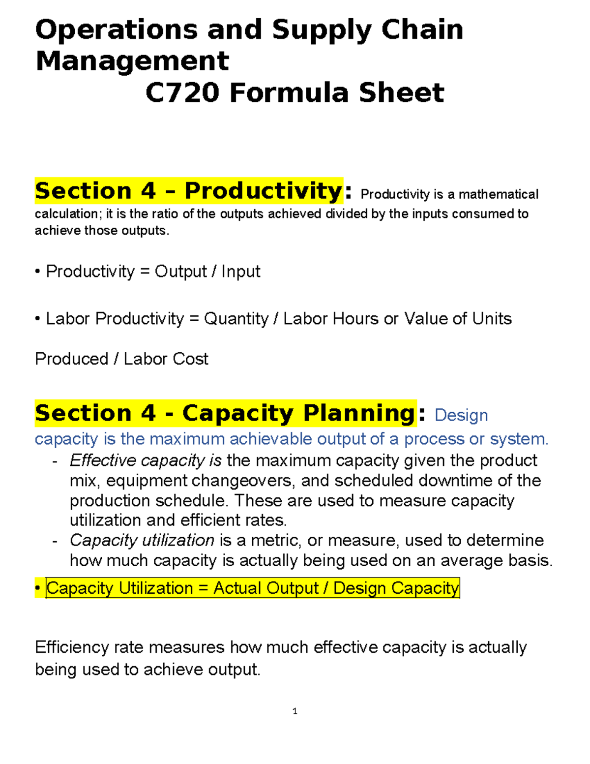 C720 Formula Sheet -v3 - Operations and Supply Chain Management C720 ...