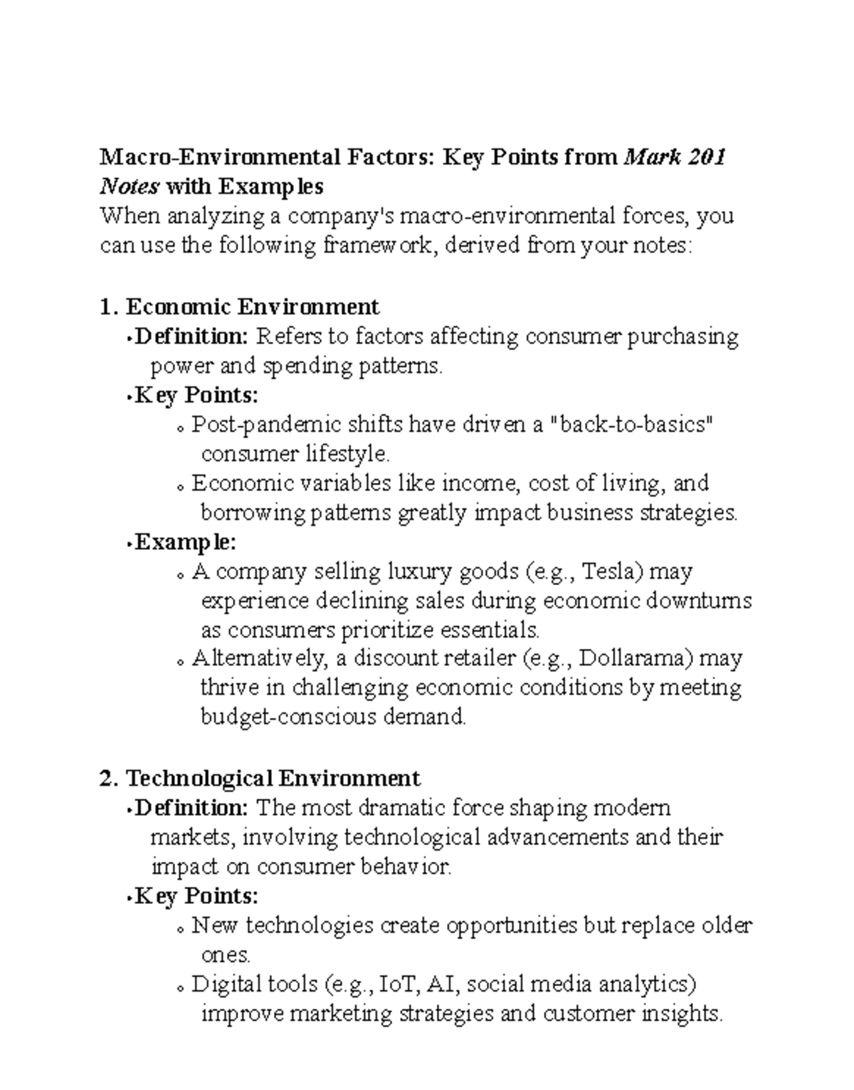 Mark 201 final case practice - Macro-Environmental Factors: Key Points ...