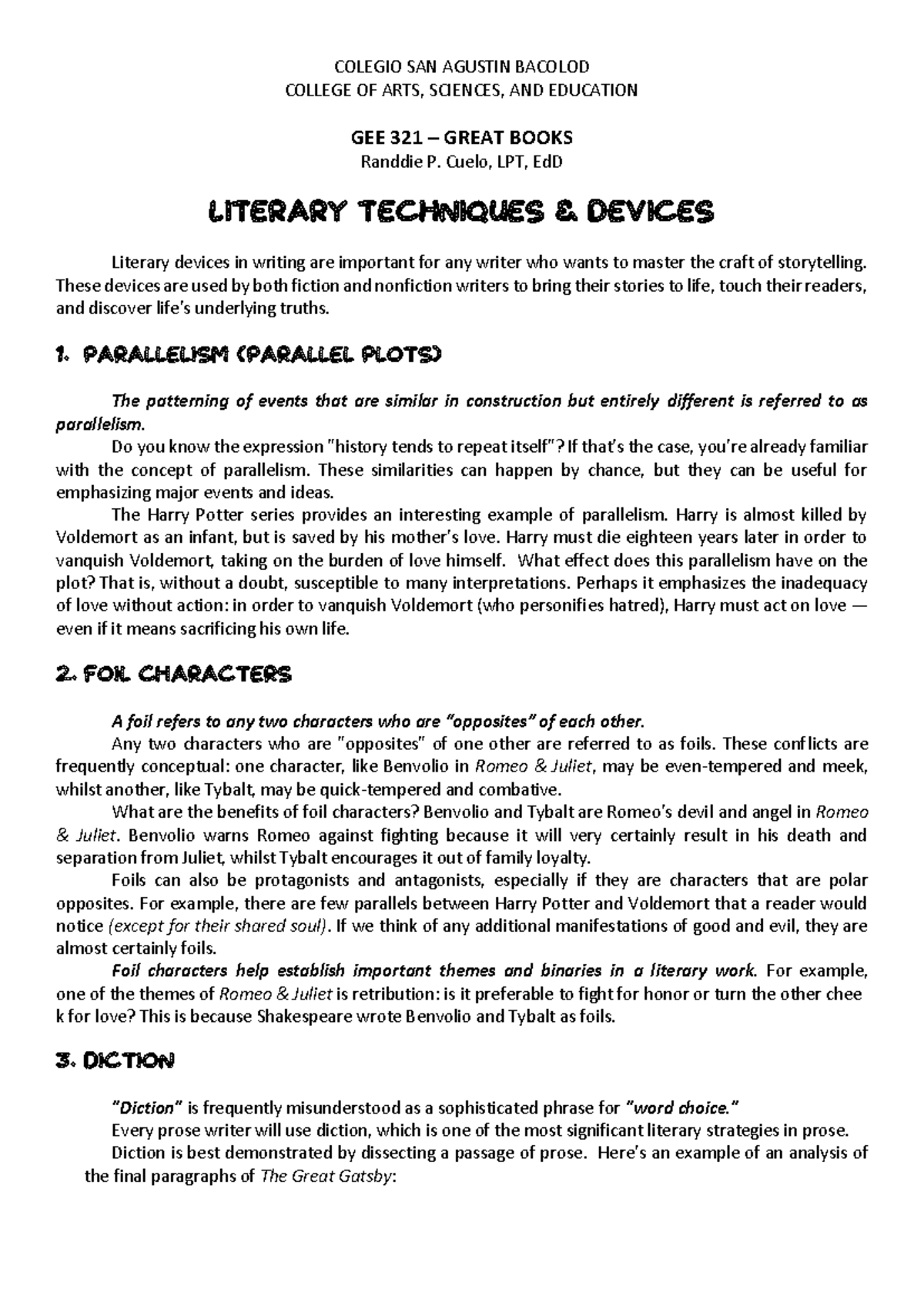 Lesson 2 - Literary Techniques & Devices Review for GEE 321 - Studocu
