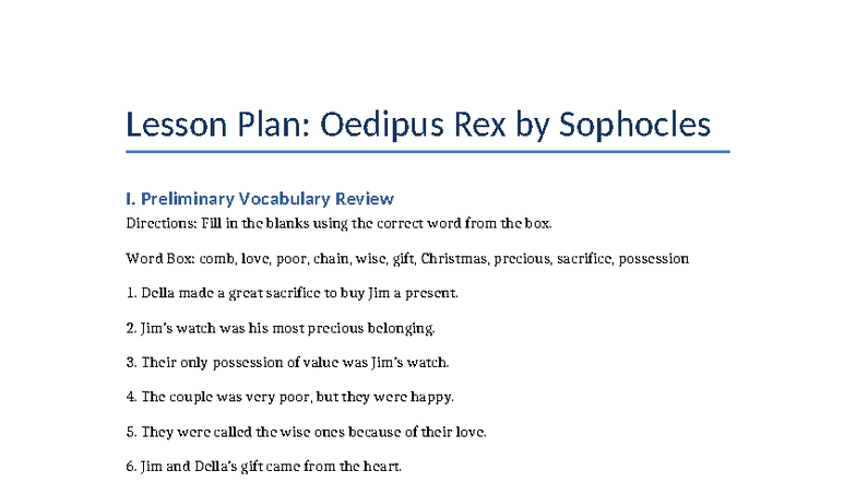 Oedipus Rex Lesson Plan: Vocabulary & Comprehension Activities - Studocu