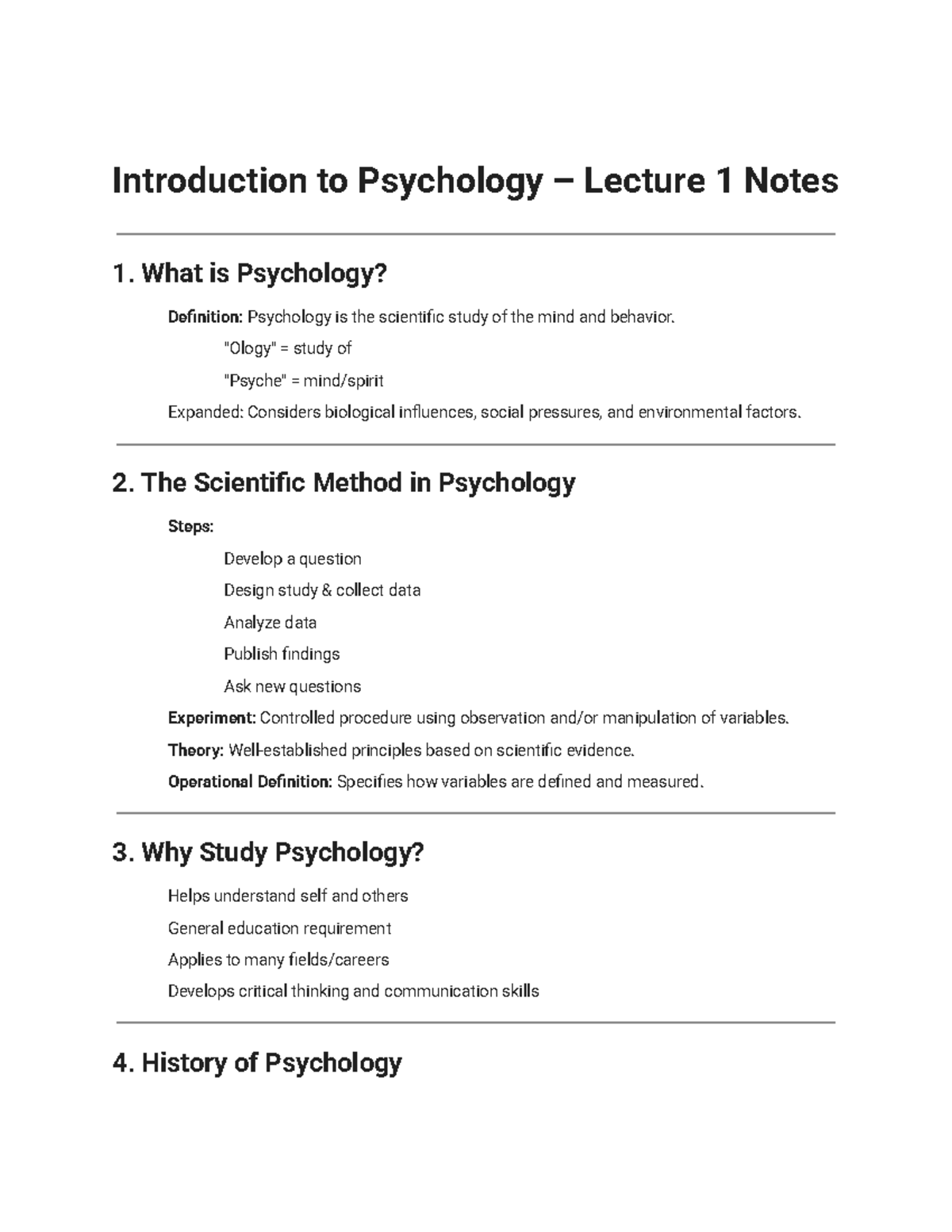 Introduction to Psychology Lecture 1 Notes (PSY101) - Studocu