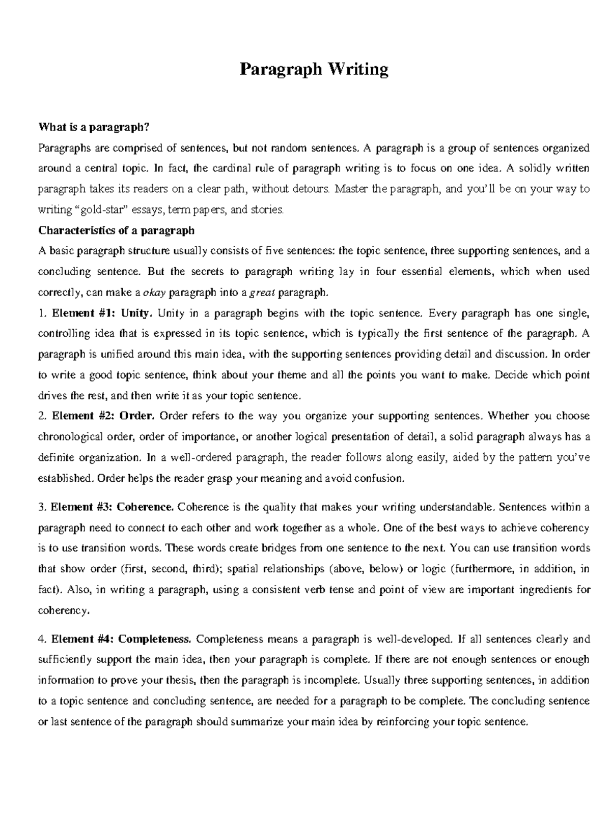 Paragraph Writing Basics: Unity, Order, Coherence & Completeness - Studocu