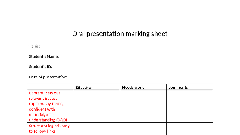 Oral presentation marking sheet - Oral presentation marking sheet Topic ...