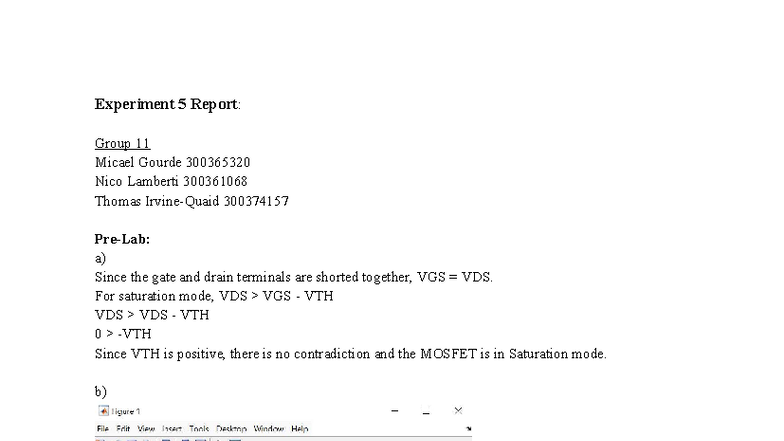ELG 2137 Lab 5: Experiment 5 Report on MOSFET Saturation Mode - Studocu