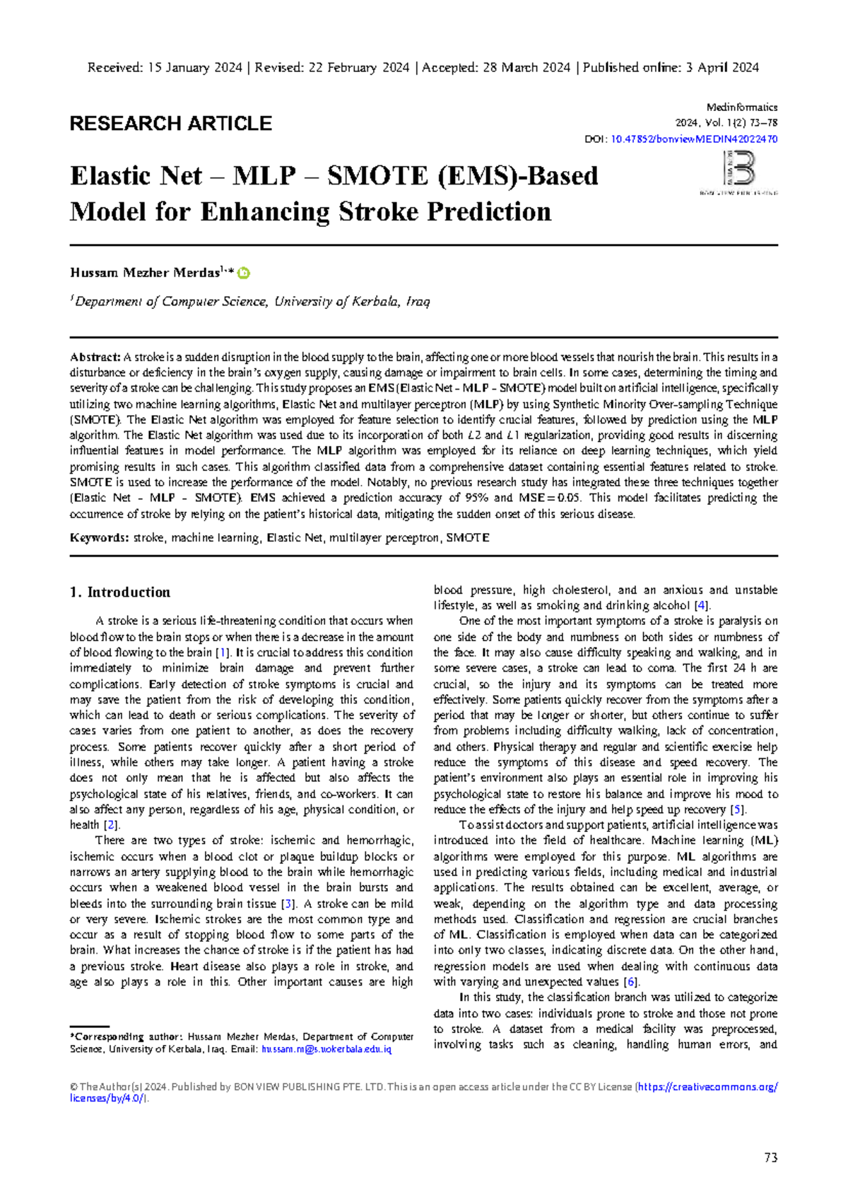 Elastic Net MLP SMOTE Model for Stroke Prediction (Medinformatics 2024 ...